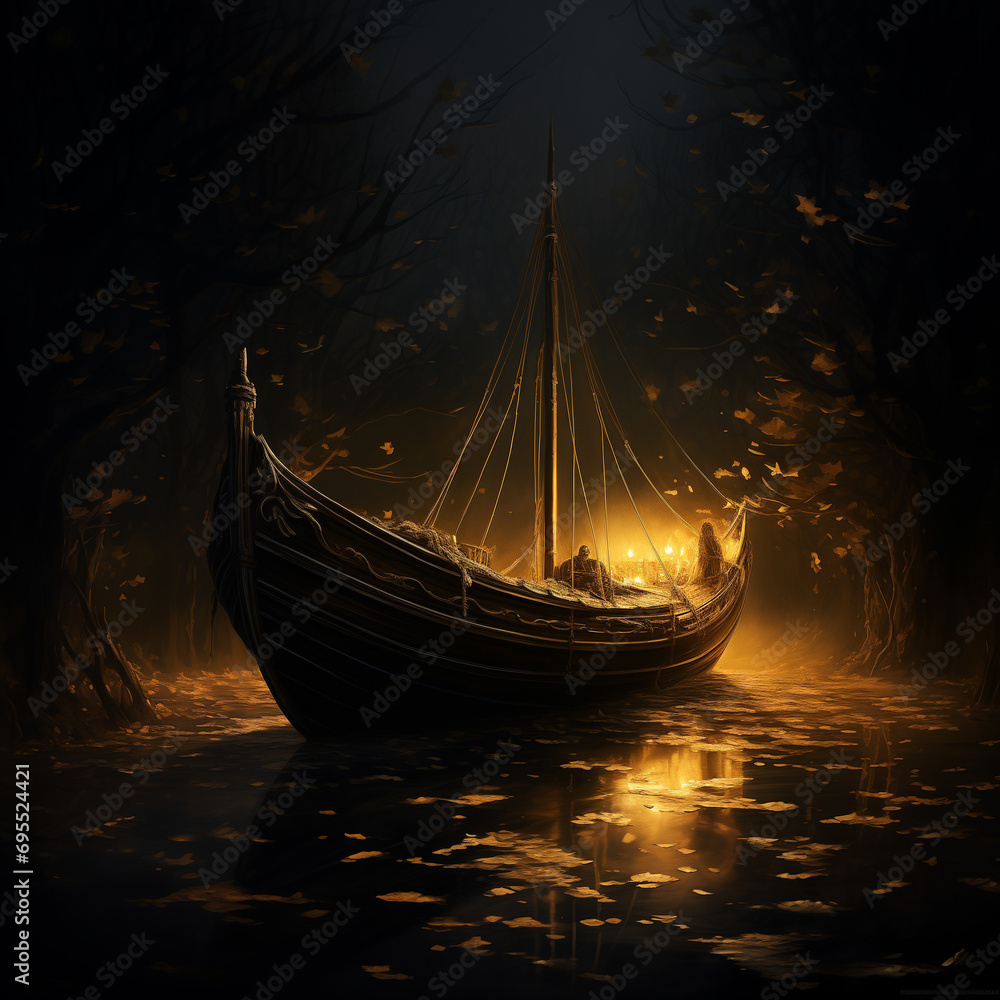 Dutch Golden Age Inspired Enchanted Boat Illustration in Oil Painting ...