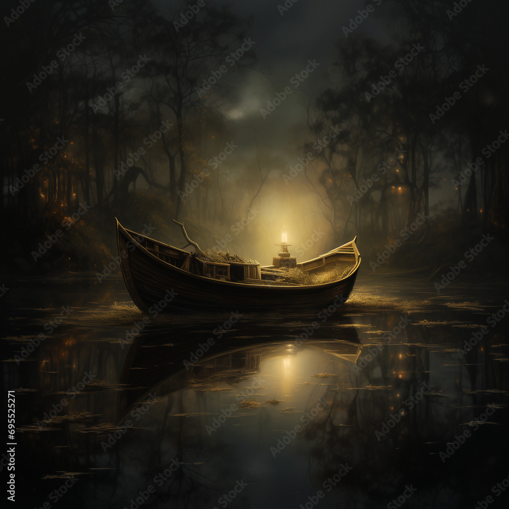 Dutch Golden Age Inspired Enchanted Boat Illustration in Oil Painting ...