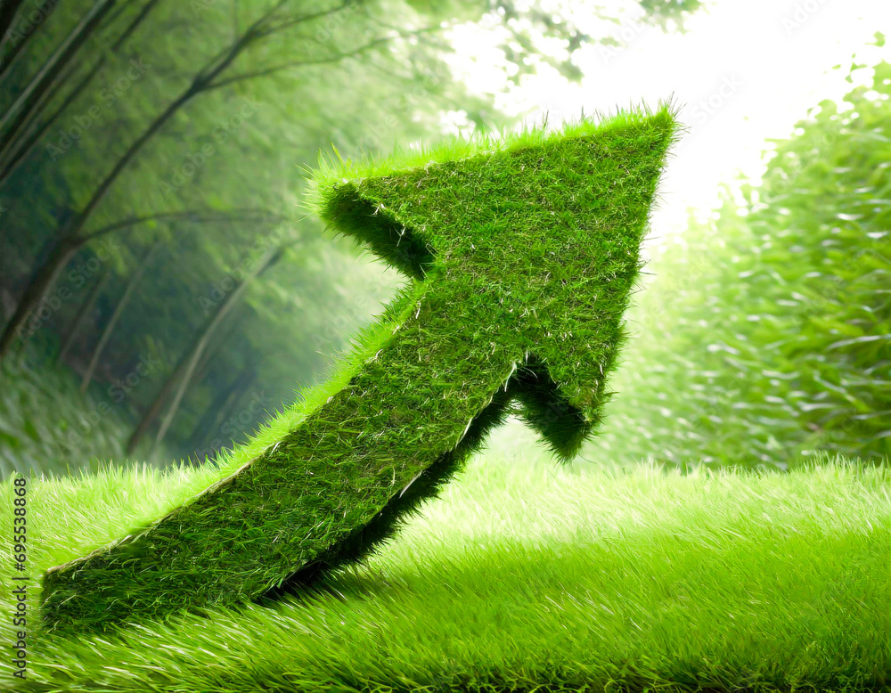 Arrow filled with grass pointing upwards. Natural landscape background ...