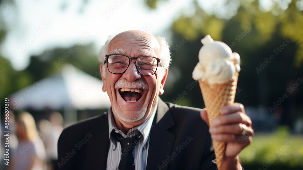 happy old man eating ice cream cone, outside at the park Stock Photo ...