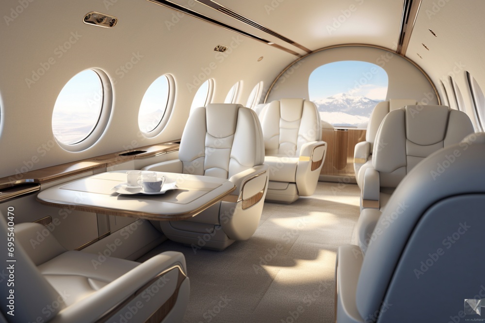 Minimalistic private jet design with white leather seats and panoramic ...