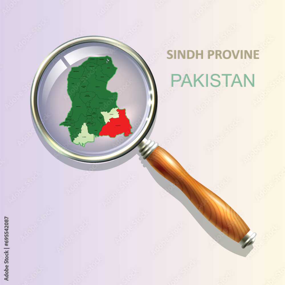 Magnifier with a map of Sindh on the abstract topographic background ...