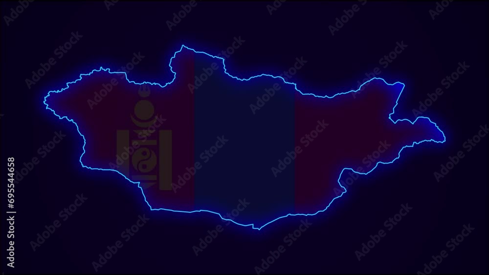 Mongolia Map Outline Country Border on dark blue. Neon Lights colorful ...