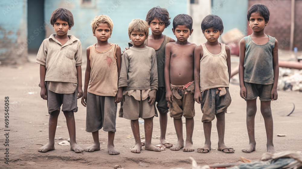 Group of poor, neglected, dirty children. Poverty, misery, migrants ...