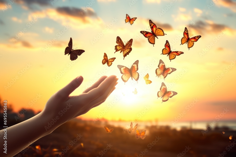 a person's hand reaching out towards a group of butterflies that are ...