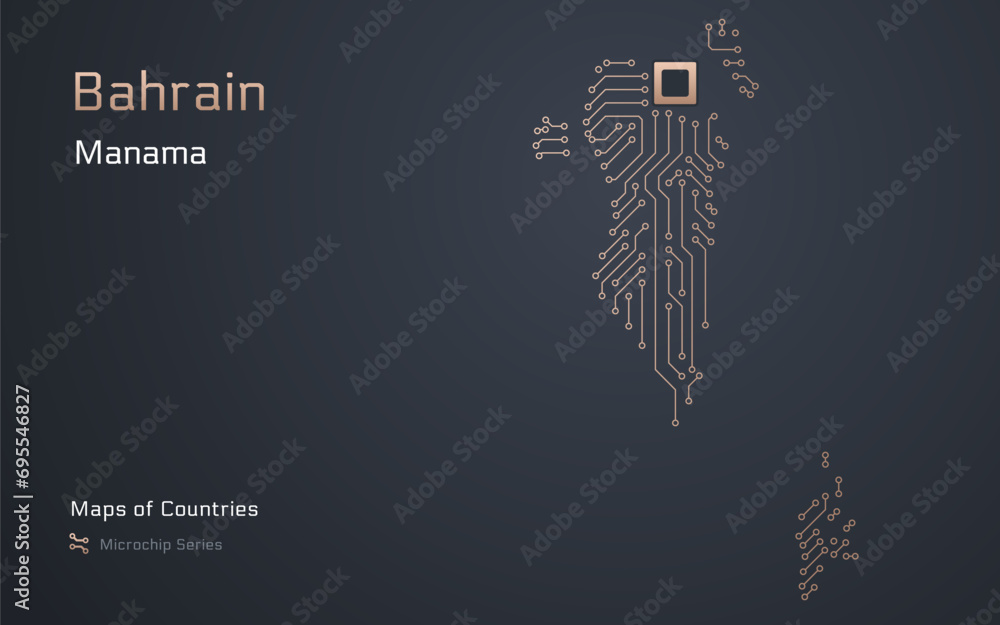 Bahrain Map with a capital of Manama Shown in a Microchip Pattern with ...