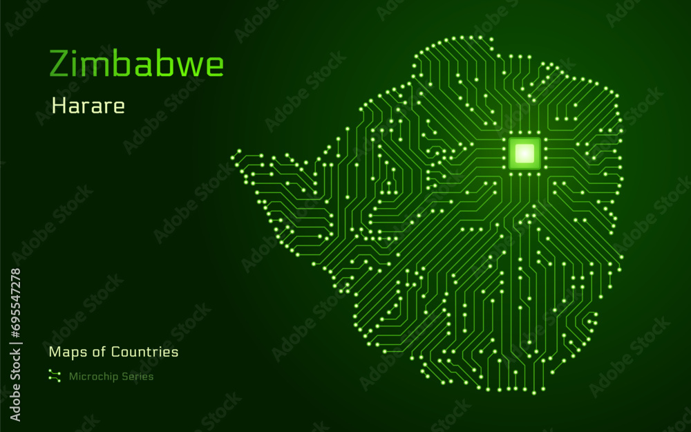 Zimbabwe Map with a capital of Harare Shown in a Microchip Pattern with ...