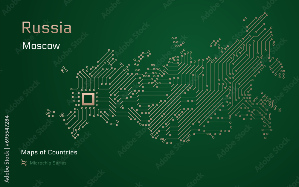 Russia Map with a capital of Moscow Shown in a Microchip Pattern with ...