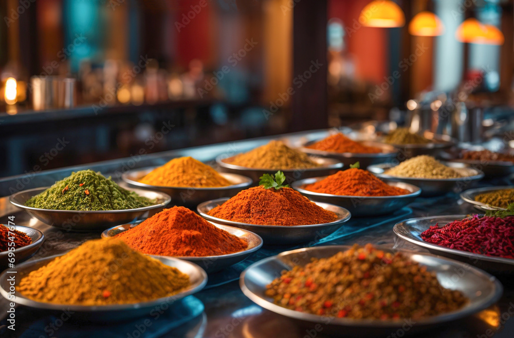 Colorful plates with Indian spices in upscale Indian restaurant serving ...