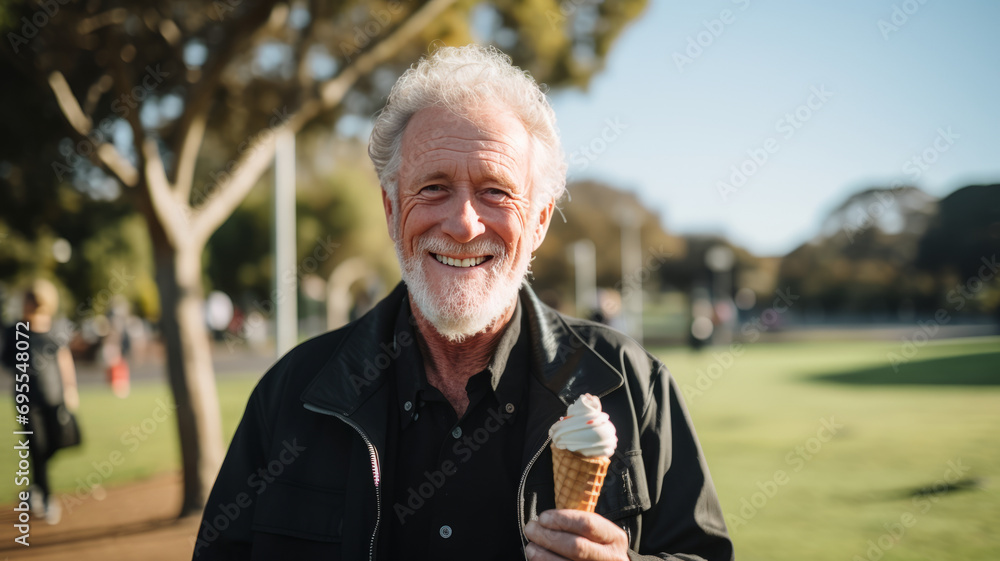 happy old man eating ice cream cone, outside at the park Stock Photo ...