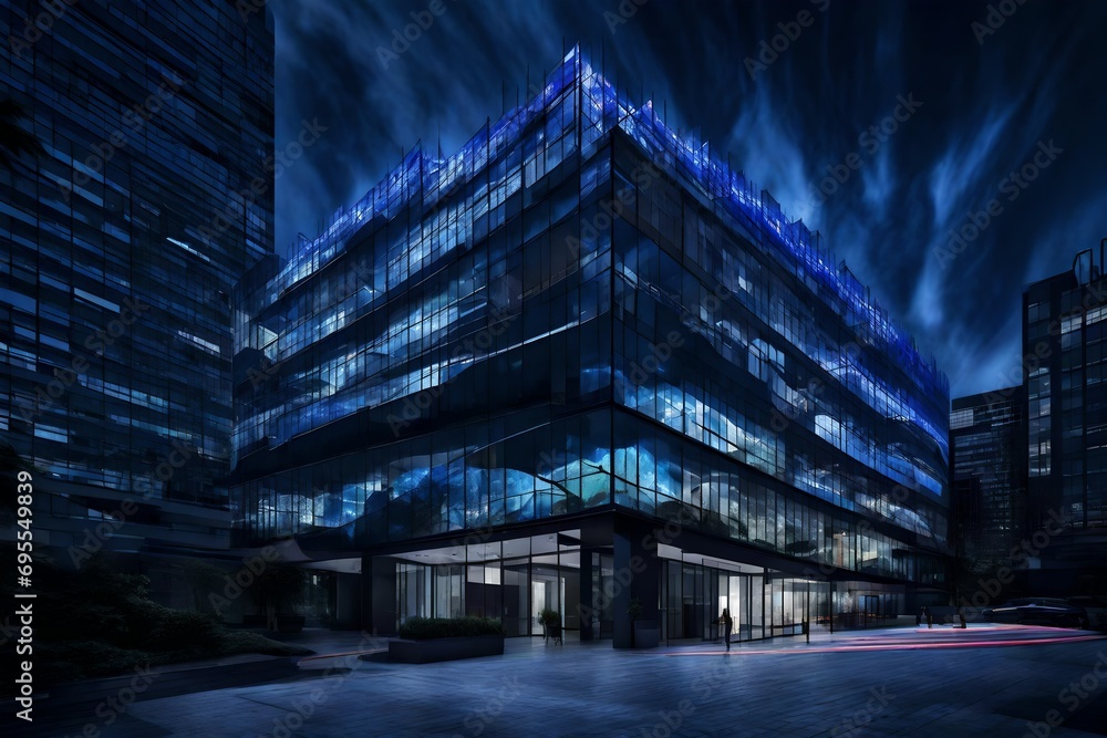A corporate office building with dynamic LED lighting, creating an ...