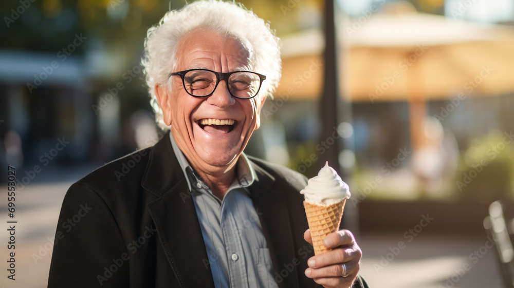 happy old man eating ice cream cone, outside at the park Generative AI ...