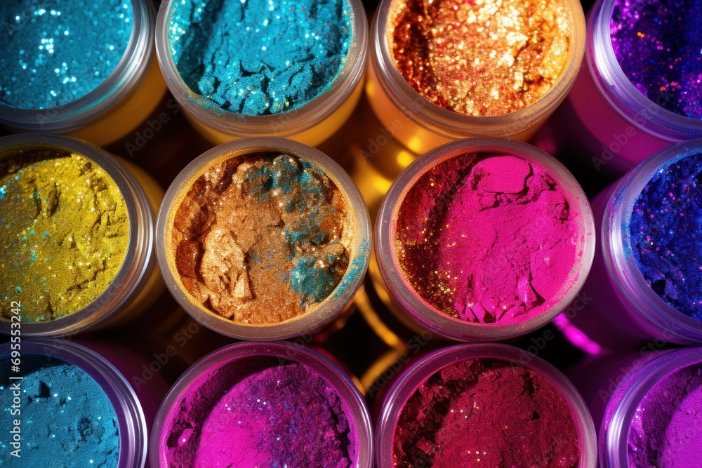 a close up of a bunch of different colored powders in a container with ...
