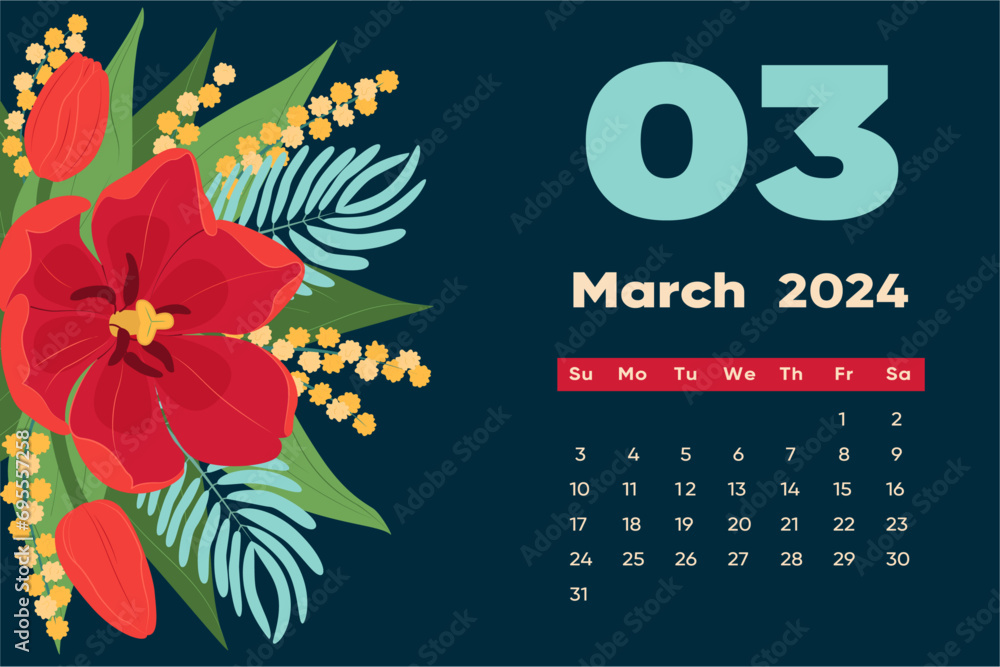 Floral March 2024 calendar template. With bright colorful flowers and ...