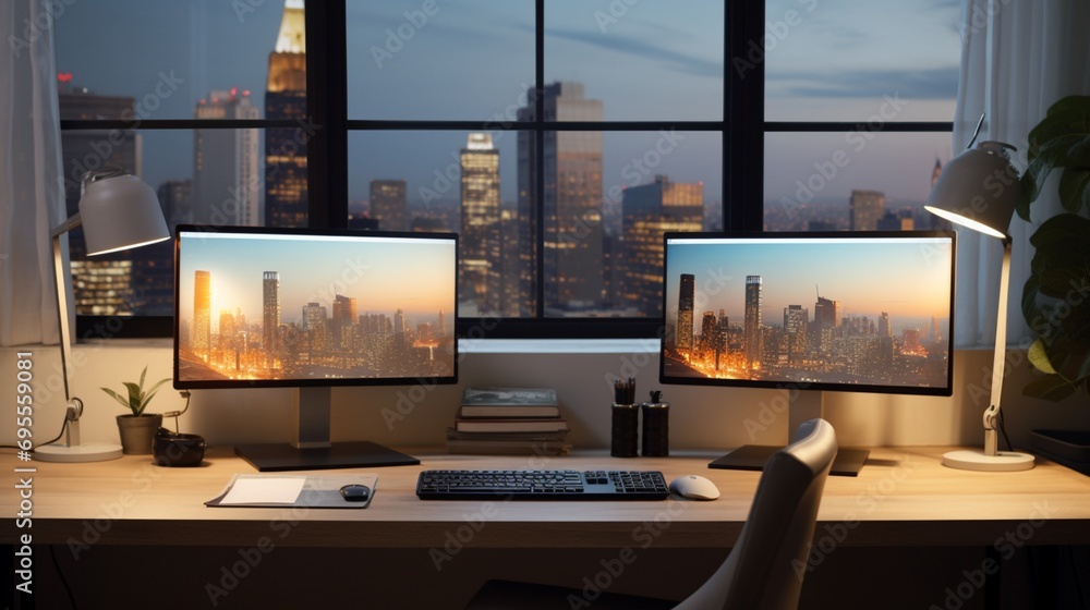 A stylish desktop setup with dual monitors, a tasteful desk lamp, and ...