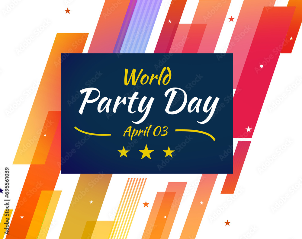 Colorful World Party Day background design with shapes and text in the ...