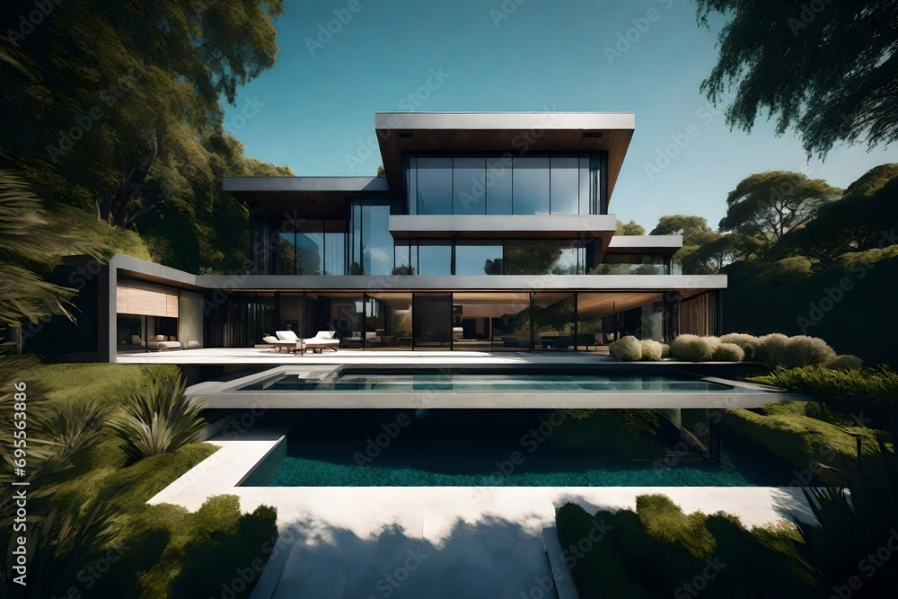 An architecturally stunning mansion with a sleek, reflective facade ... An architecturally stunning mansion with a sleek, reflective facade ...