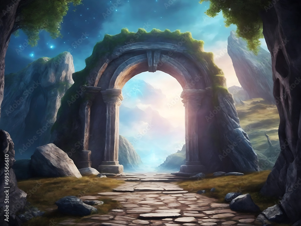 Fantasy landscape with a portal archway. Ancient magical stone gates ...