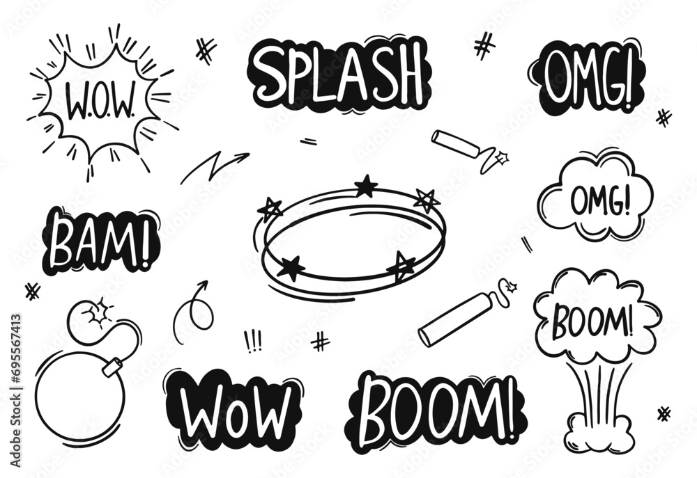 Set of comics about bombs and explosions. Speech bubbles with words. Design elements for print ...