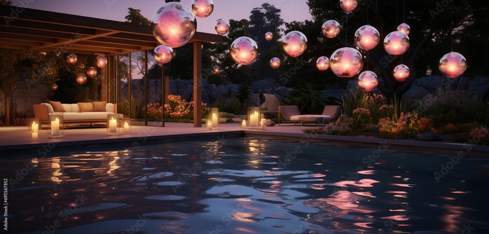 A contemporary backyard setting with a pool and a series of suspended ...