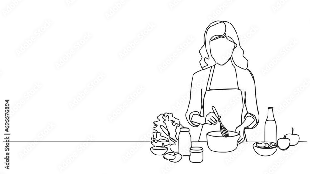 animated continuous single line drawing of woman preparing food in ...