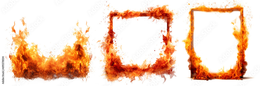 Set of mockup of a burning frame is cut out on a transparent background ...