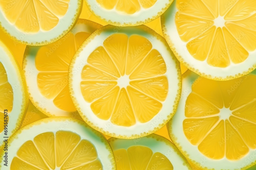 a group of sliced lemons sitting on top of a green counter top next to ...