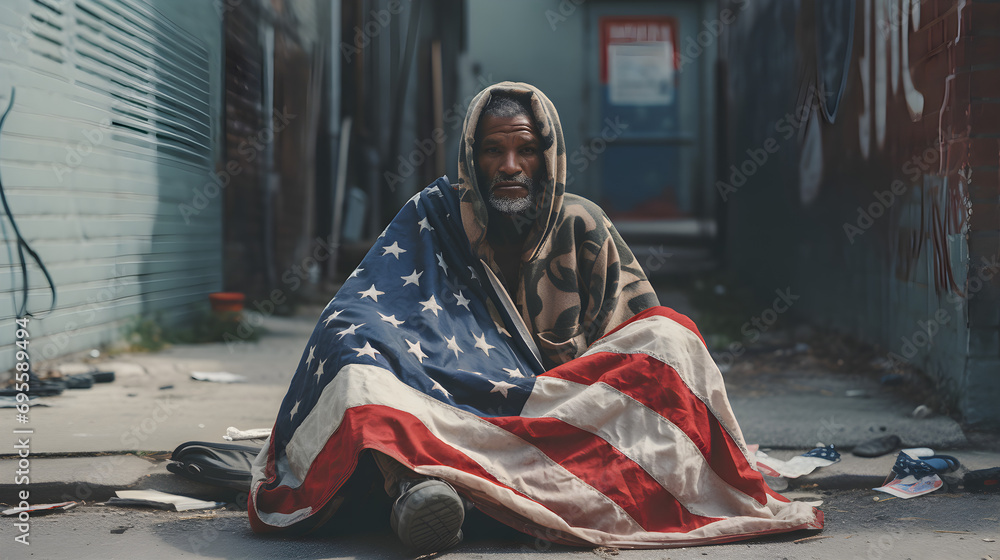 black skin old homeless man with american flag on the street Stock ...