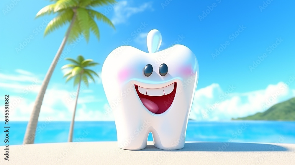 Cartoon tooth on holiday tooth care concept with happy emoji 3d render ...