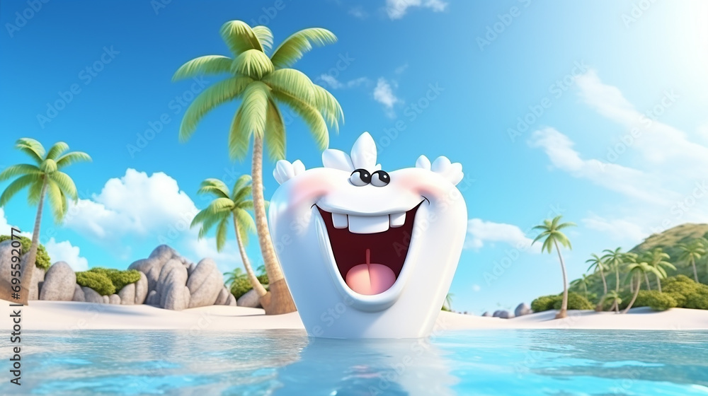 Cartoon tooth on holiday tooth care concept in the beach 3d render ...