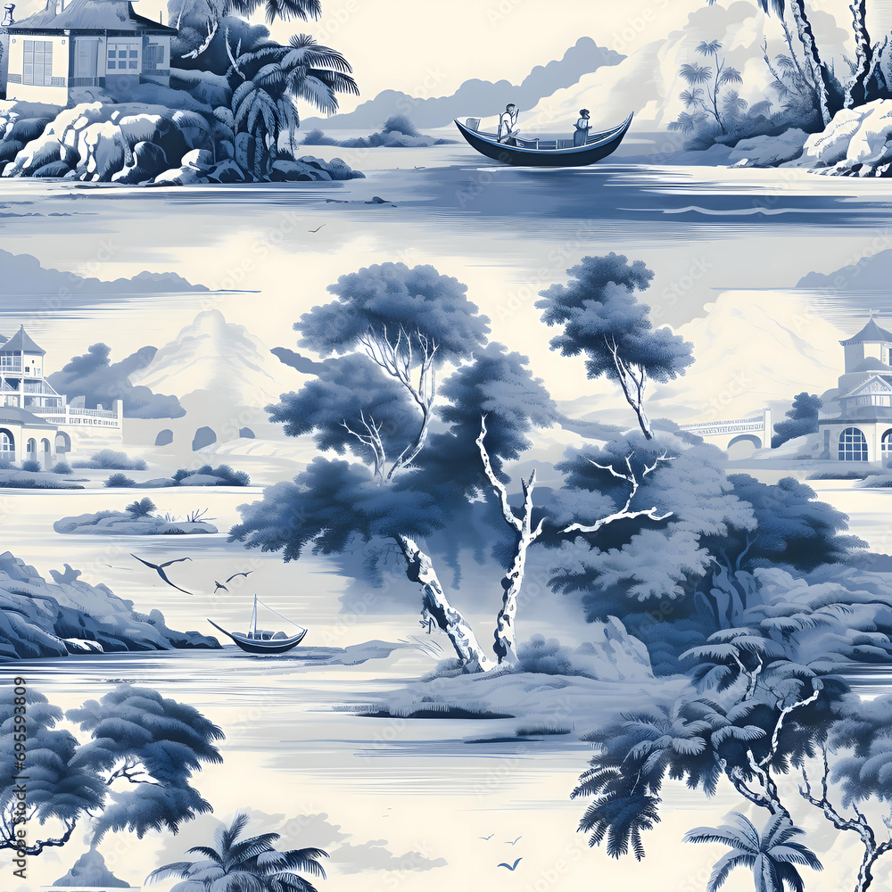 Toile de jouy pattern with countryside views with castles and houses ...