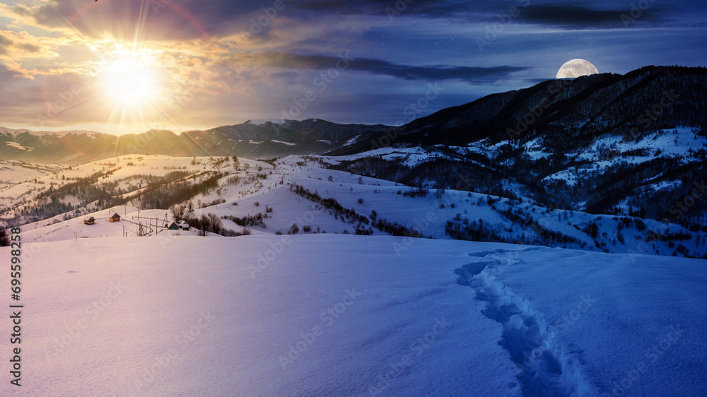 mountainous landscape at winter solstice in morning light. scenery with ...