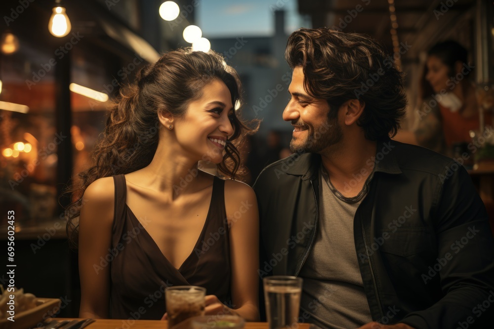 Romantic Dinner Date: A couple sharing a tender moment at a cozy ...