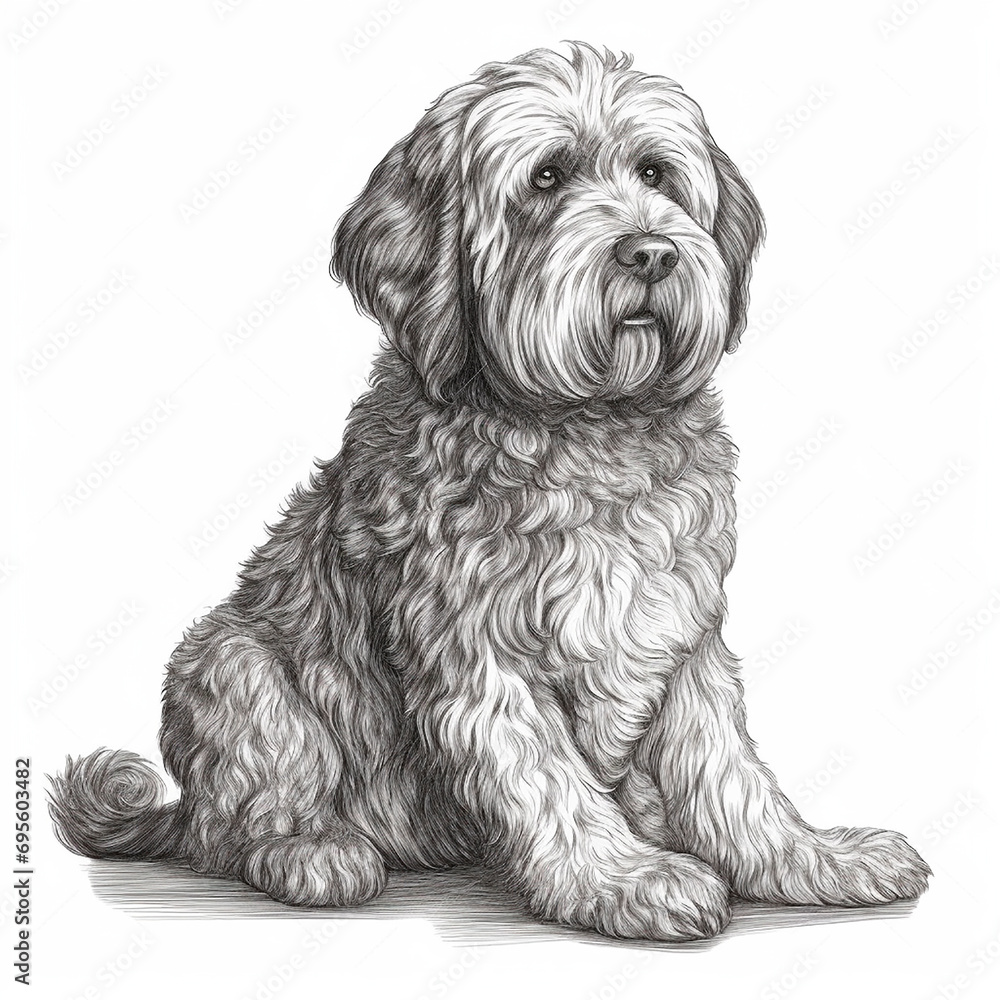 Labradoodle dog, engraving style, close-up portrait, black and white ...
