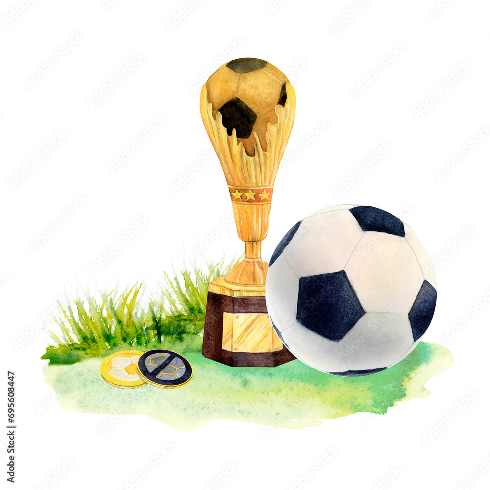 Soccer cup football ball lawn grass watercolor drawing. Trophy and ...