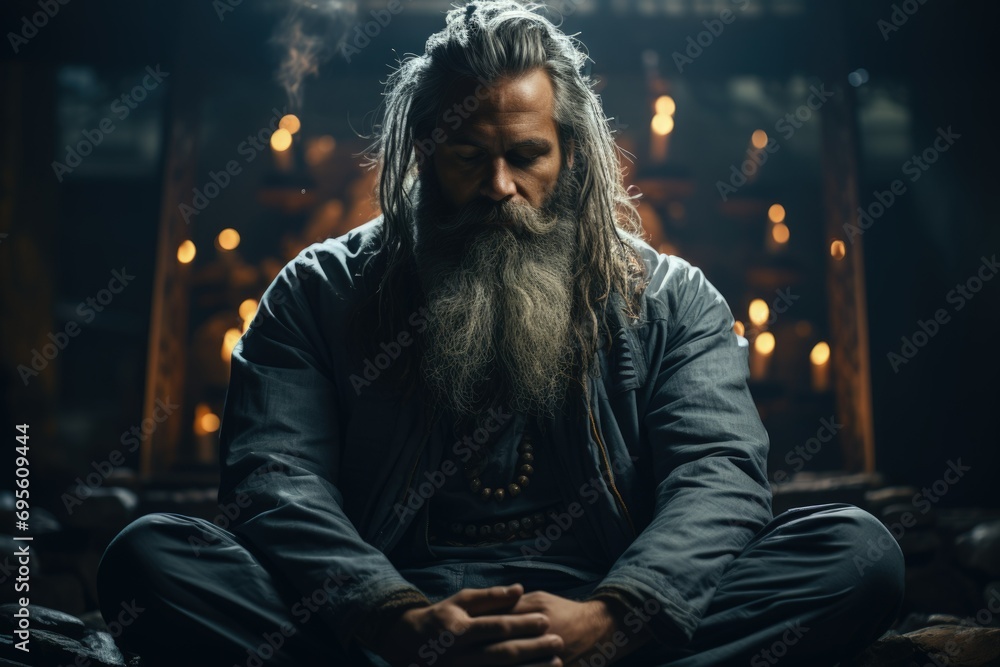 Ancient Mystic Meditating in Dimly Lit Temple - Deep contemplation ...