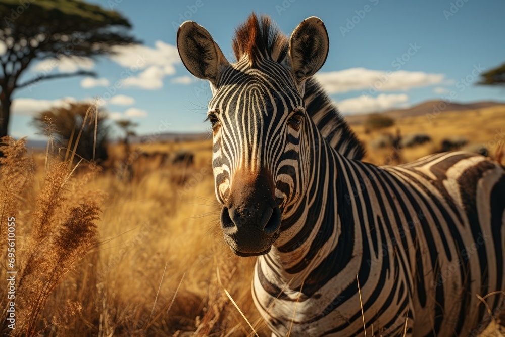 Zebra in the Wild: A zebra stands in a grassy savanna under a warm sun ...