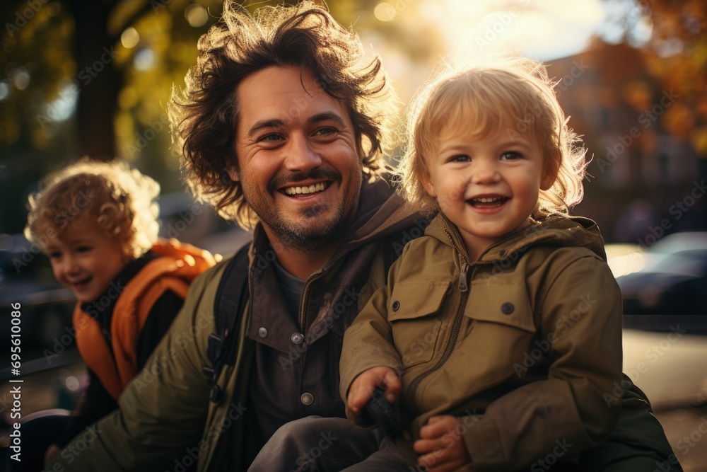 Father's Joyful Moment: A beaming father enjoys a bright day outdoors ...