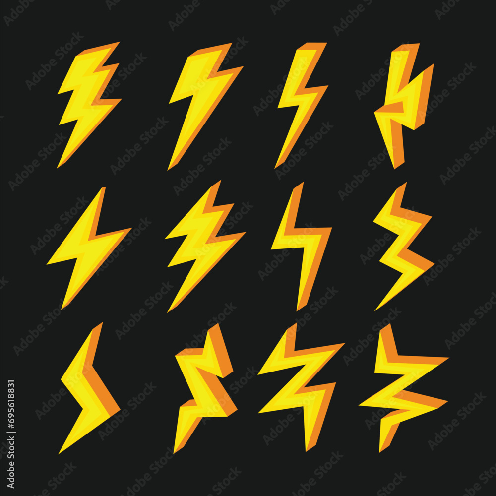 Lightning Bolt Set Collection on black background, electric strikes ...
