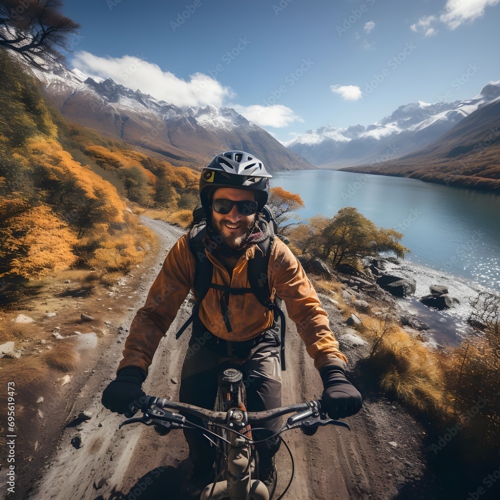 Paisaje de lago y montaña con ciclista en camino primera plana. Render ...