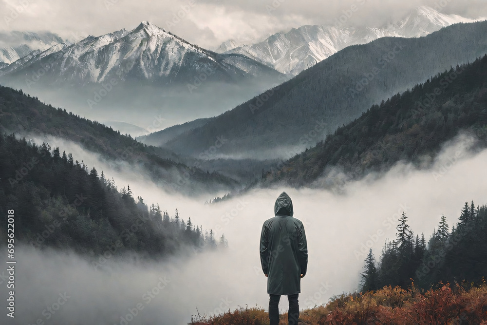 Forest, fog, mountains in the distance, man in the sport hood standing ...