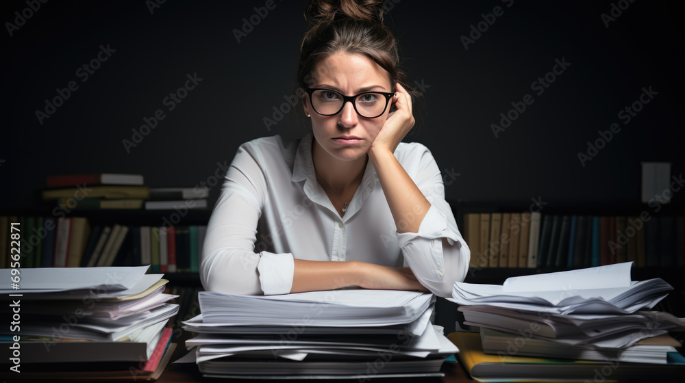 Woman looking overwhelmed and stressed while sitting at a desk piled ...