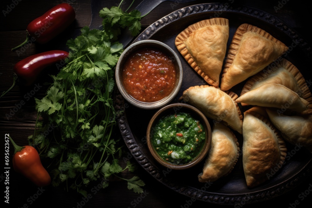 Chilean Condiment: Pebre Sauce with Empanadas on Dark Wood Table ...