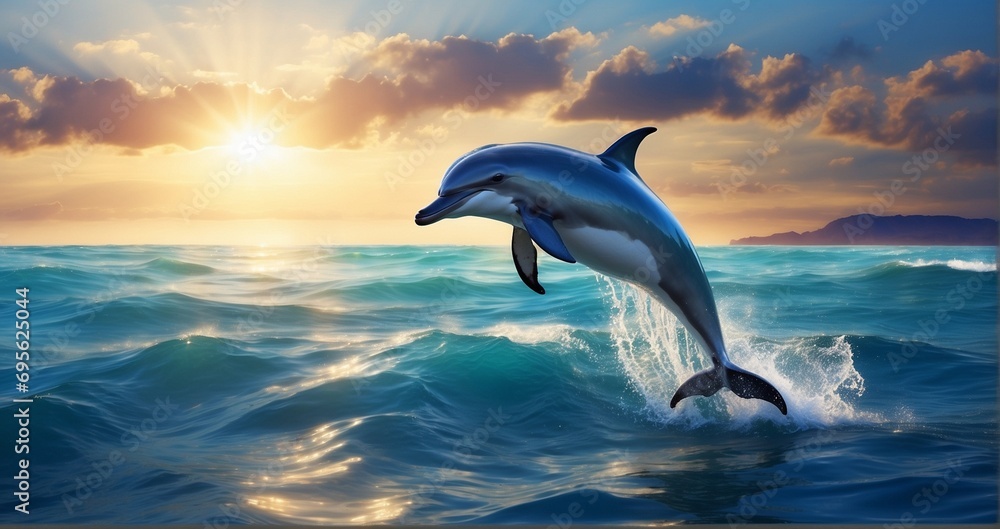 A magnificent seascape with deep blue waters, where a colossal dolphin ...