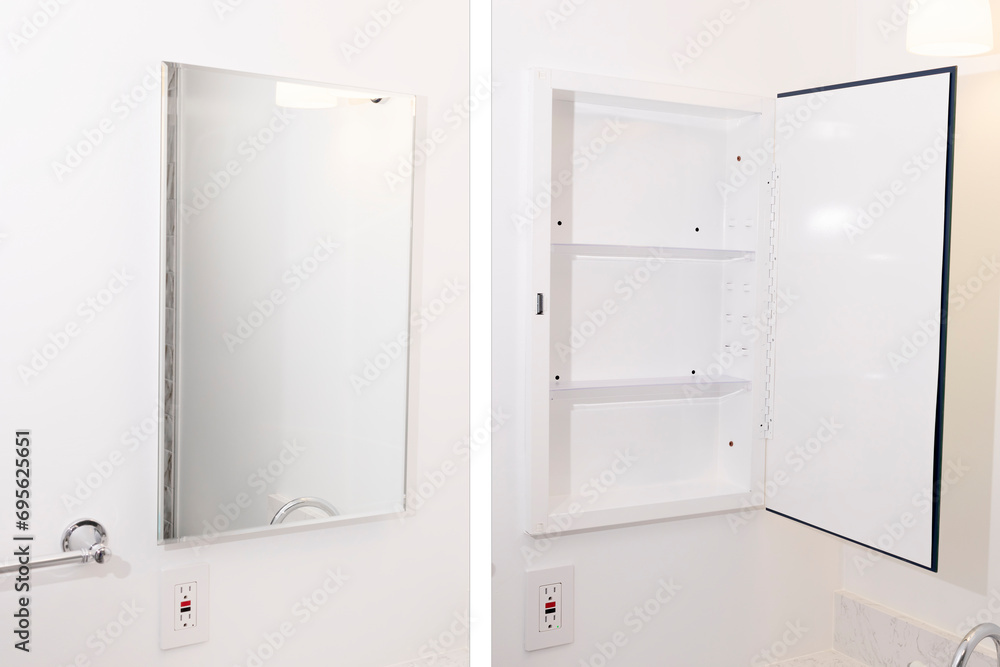 Empty Bathroom Medicine Cabinet With Mirror Open And Closed, White ...