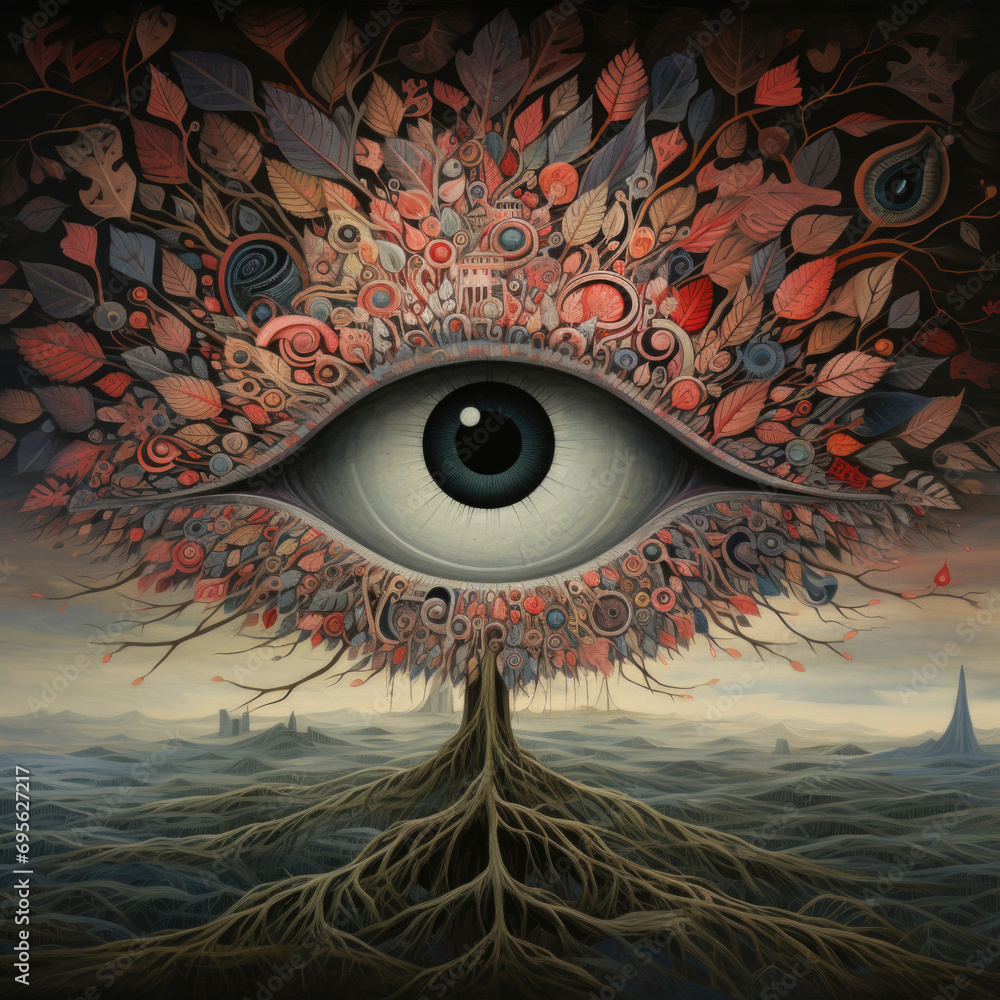 The roots of vision: an abstract illustration of an eye with roots ...
