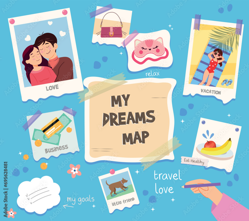 Vector illustration of a beautiful dream map. Cartoon wish map with ...