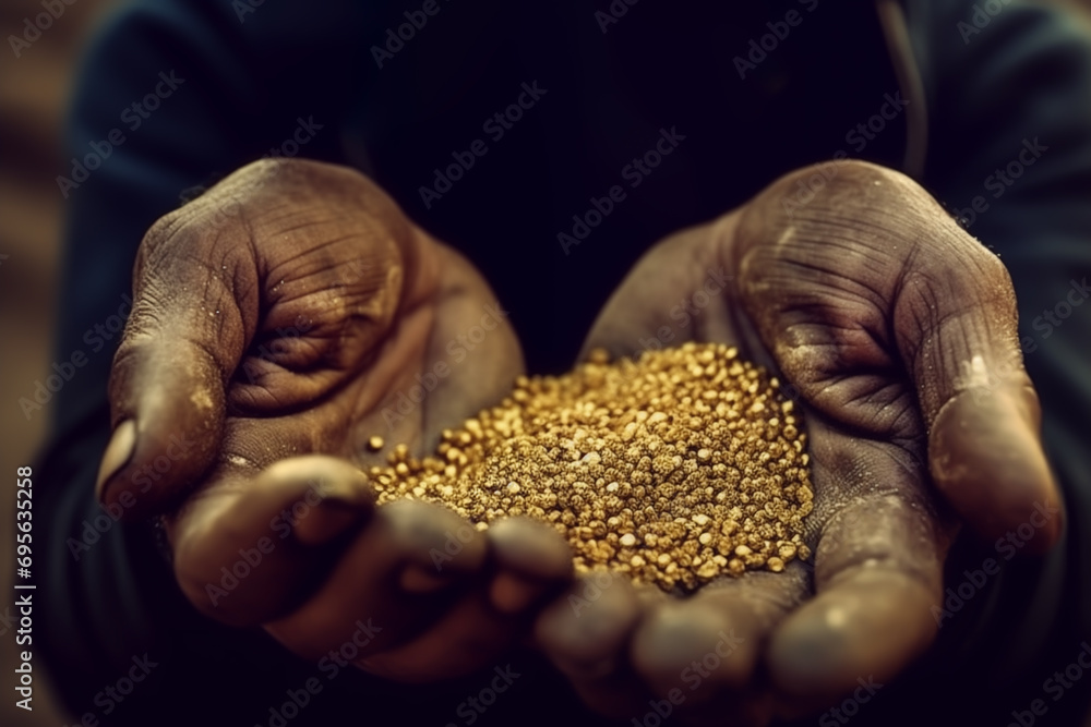 Gold rush. Gold in hands of the Gold Miner after gold mining. Miner is ...