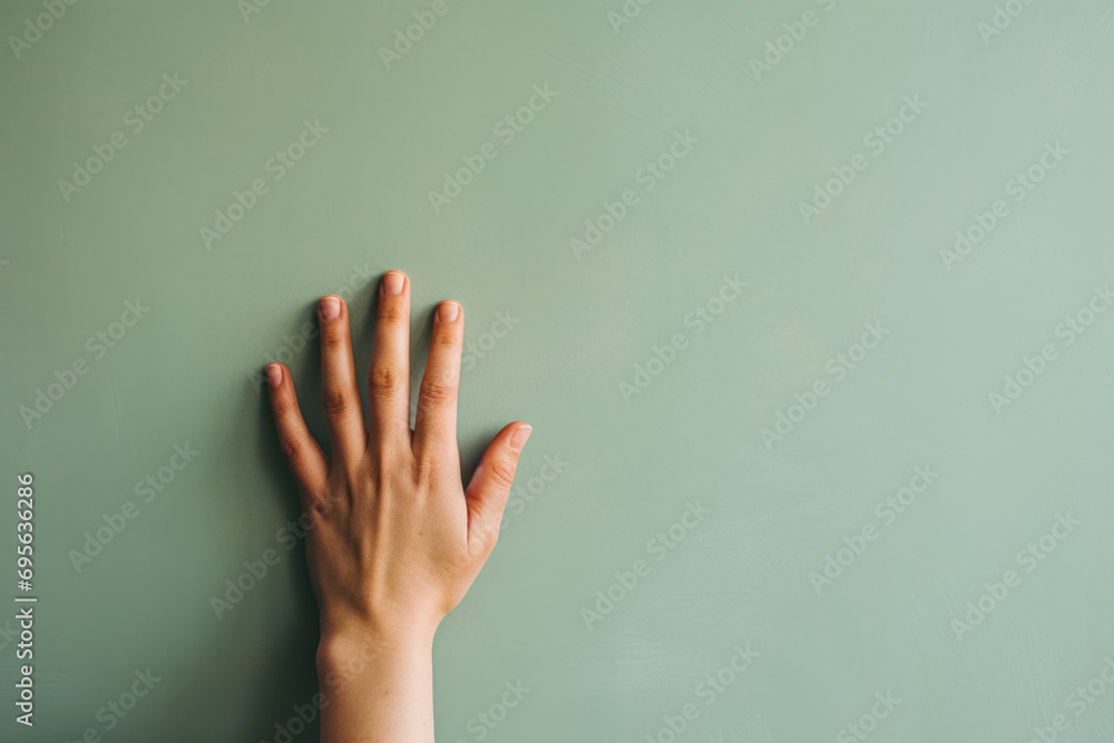 A single human hand with visible fingers is placed against a plain ...