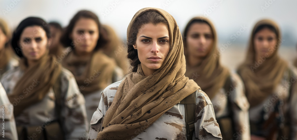 Group of Middle Eastern female soldiers in camouflage uniforms and ...